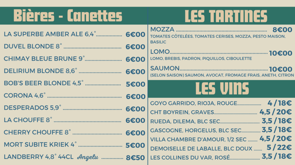 notre carte – La Chope Anglet
